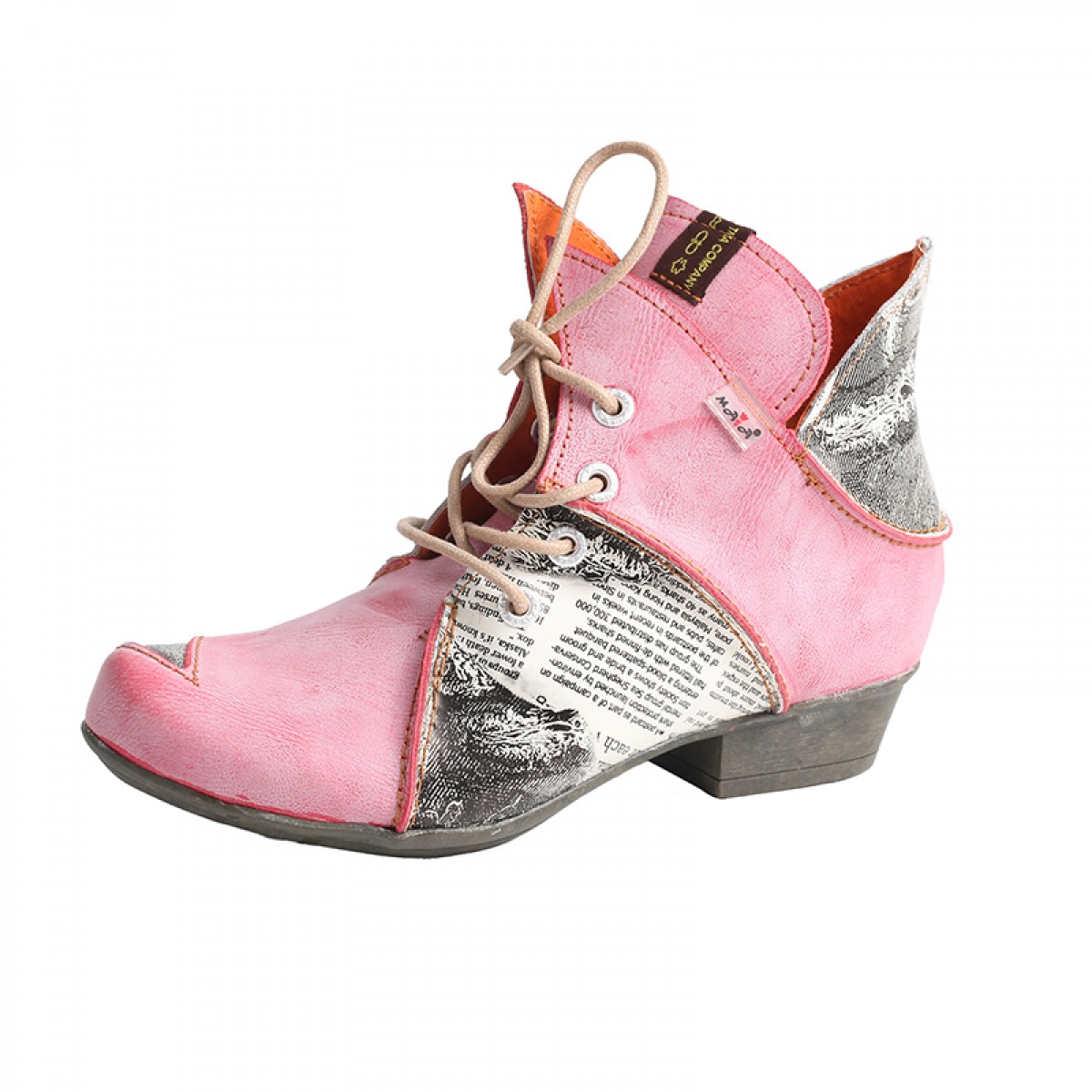 TMA EYES Lace Up Newspaper Print Leather Women's Ankle Boots