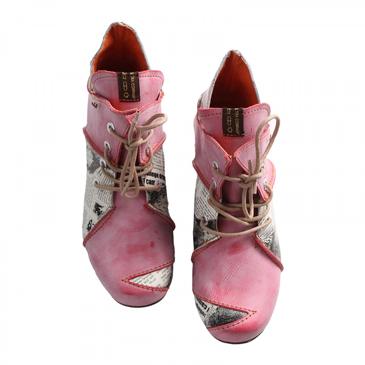 TMA EYES Lace Up Newspaper Print Leather Women's Ankle Boots