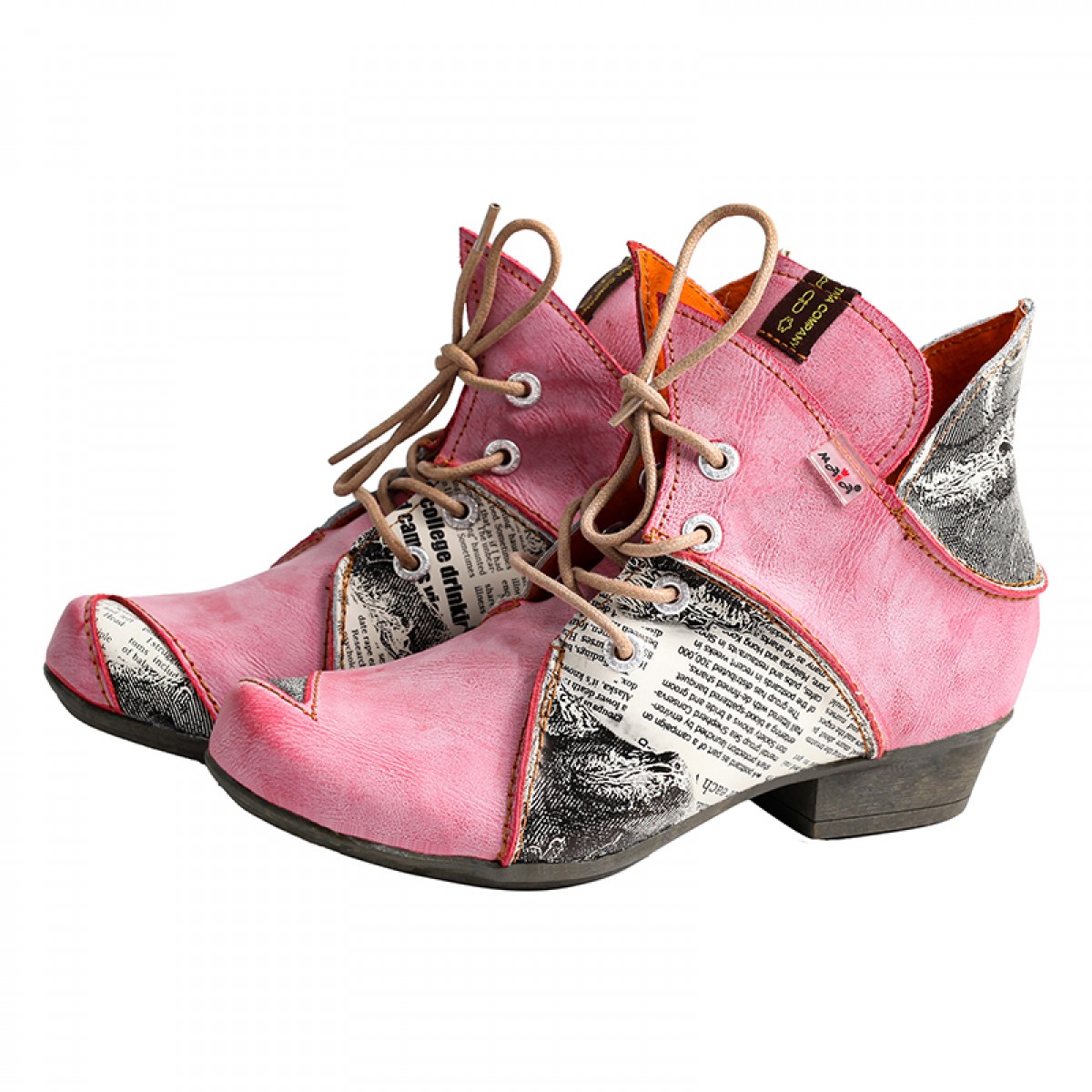 TMA EYES Lace Up Newspaper Print Leather Women's Ankle Boots